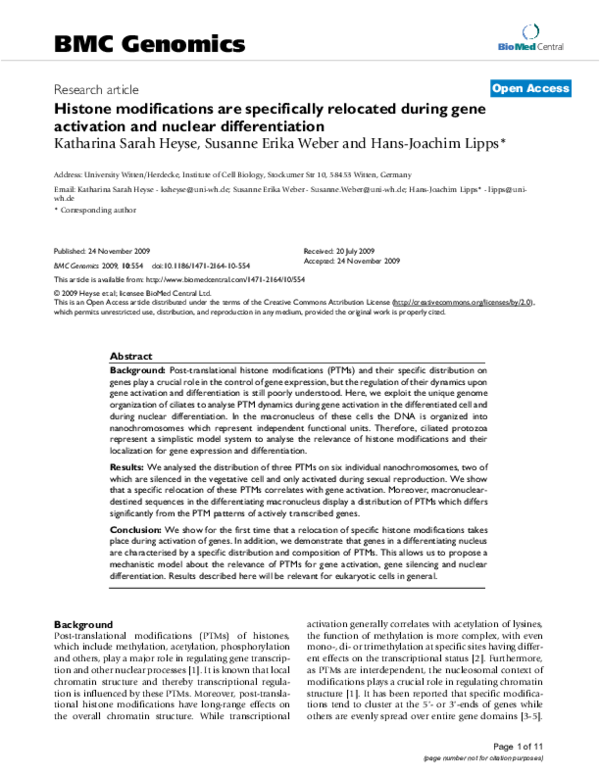 (PDF) Histone modifications are specifically relocated during gene activation and nuclear ...