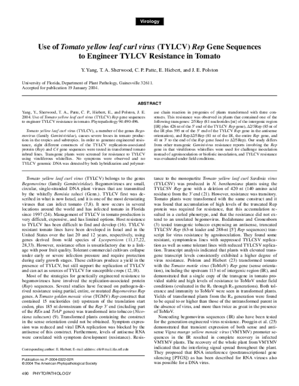 (PDF) Use of Tomato yellow leaf curl virus (TYLCV) Rep Gene Sequences ...