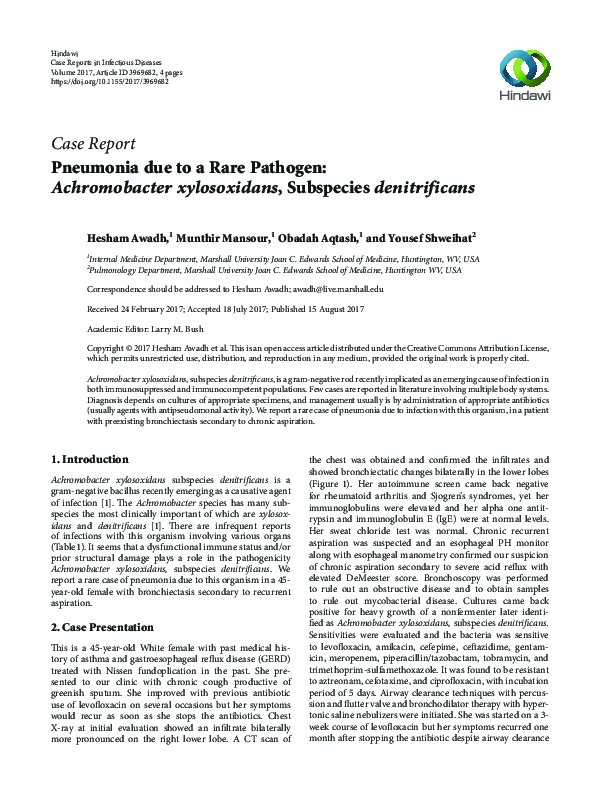 (PDF) Pneumonia due to a Rare Pathogen: Achromobacter xylosoxidans ...