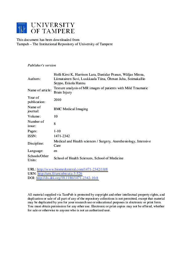 (PDF) Texture analysis of MR images of patients with Mild Traumatic ...