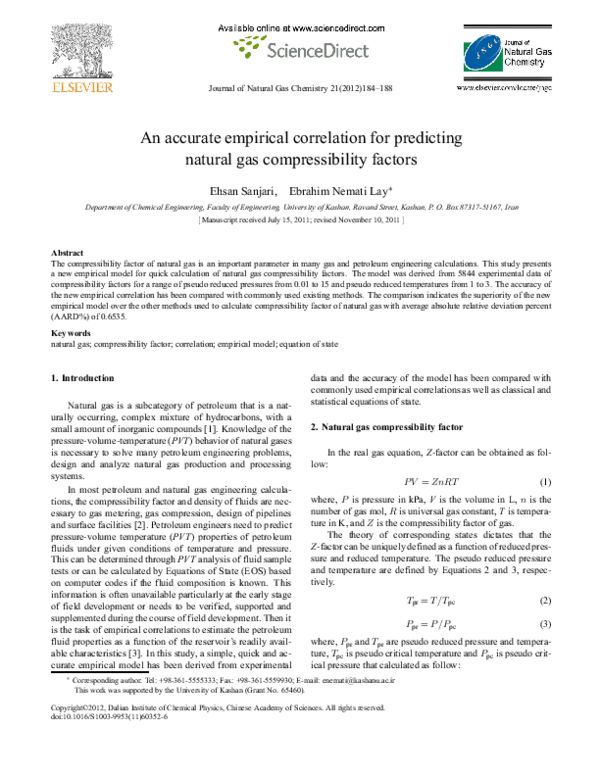 Pdf An Accurate Empirical Correlation For Predicting Natural Gas Compressibility Factors