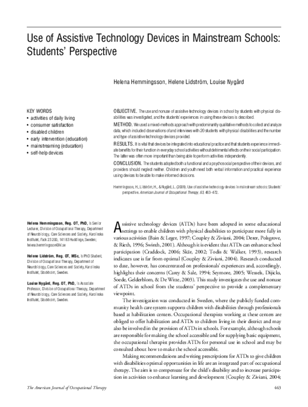 (PDF) Assistive technology devices in educational settings: students ...