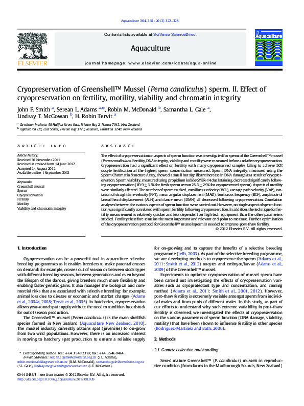 (PDF) Impact of Cryopreservation on Greenshell Mussel Sperm Quality