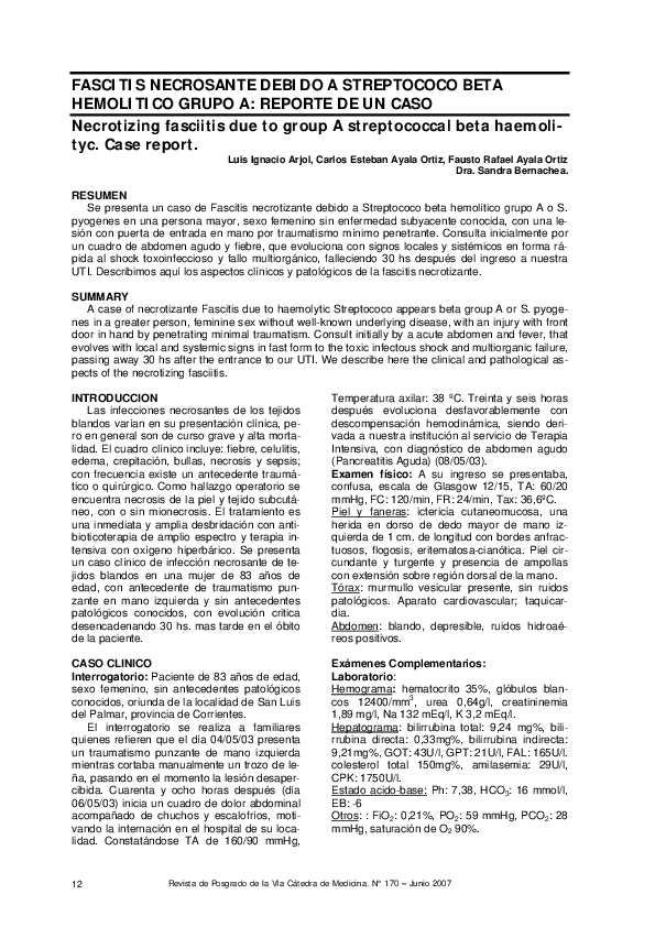 Pdf Fascitis Necrosante Debido A Streptococo Beta Hemolitico Grupo A 3636