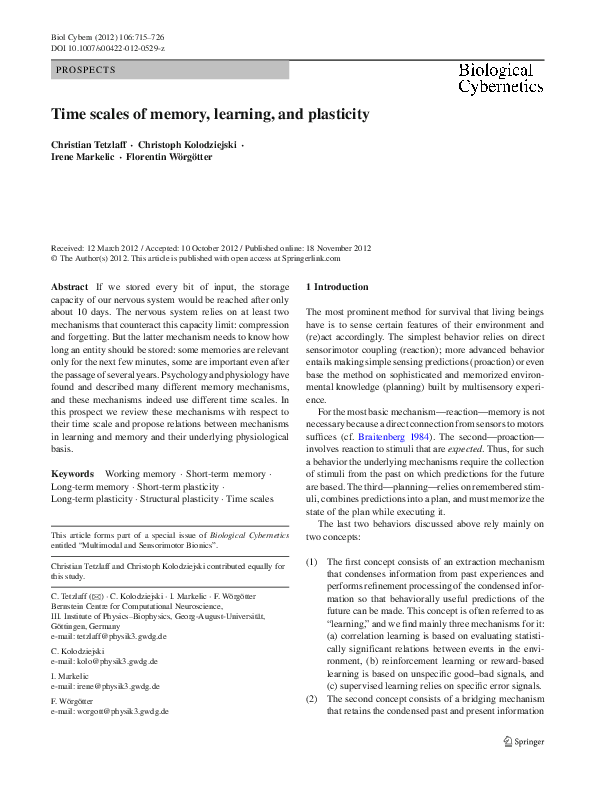 (PDF) Time scales of memory, learning, and plasticity