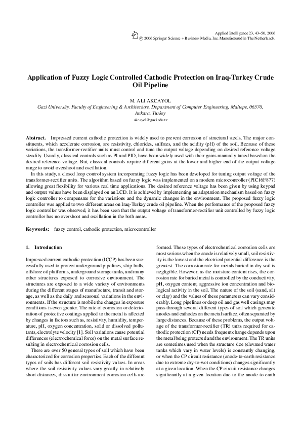 (PDF) Application of Fuzzy Logic Controlled Cathodic Protection on Iraq-Turkey Crude Oil Pipeline