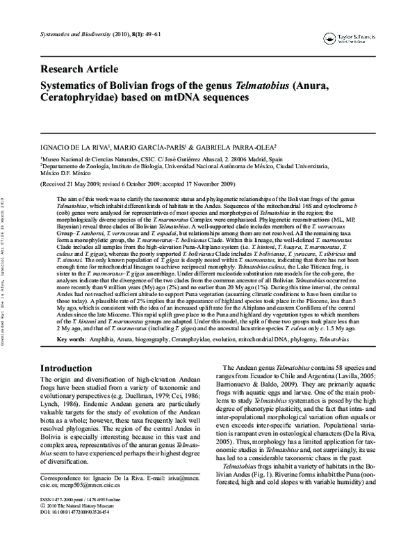 (PDF) Systematics of Bolivian frogs of the genus Telmatobius (Anura ...