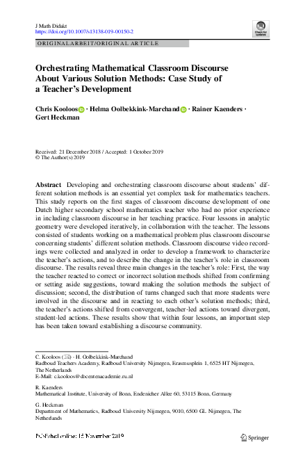 (PDF) Orchestrating Mathematical Classroom Discourse About Various Solution Methods: Case Study ...