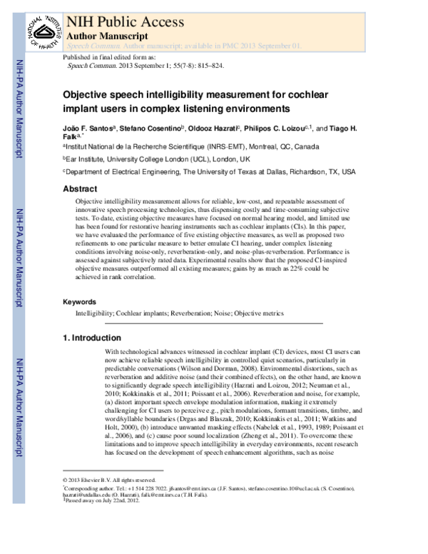 Pdf Objective Speech Intelligibility Measurement For Cochlear Implant Users In Complex