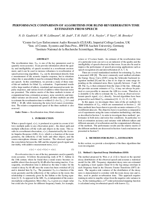 Pdf Performance Comparison Of Algorithms For Blind Reverberation Time Estimation From Speech
