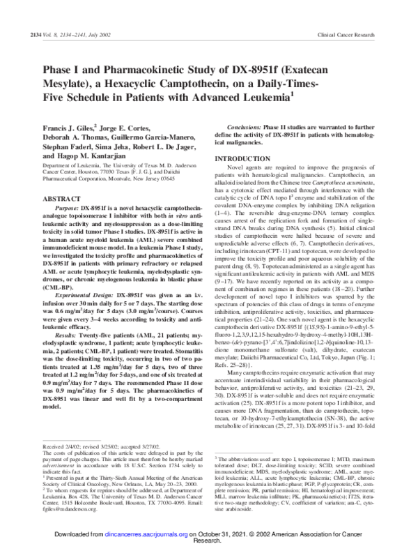 (PDF) Phase I and pharmacokinetic study of DX-8951f (exatecan mesylate ...