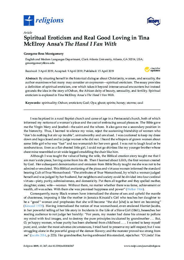 (PDF) Spiritual Eroticism and Real Good Loving in Tina McElroy Ansa’s ...