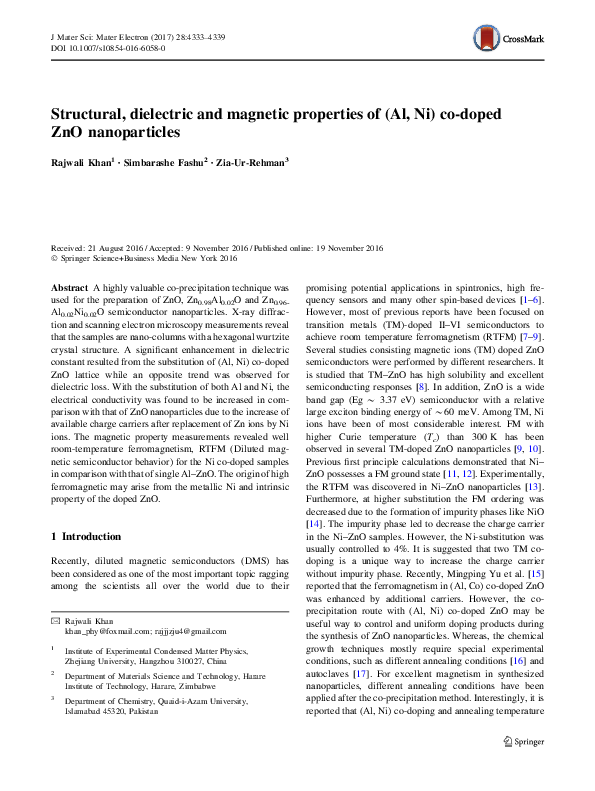 (PDF) Structural, dielectric and magnetic properties of (Al, Ni) co-doped ZnO nanoparticles