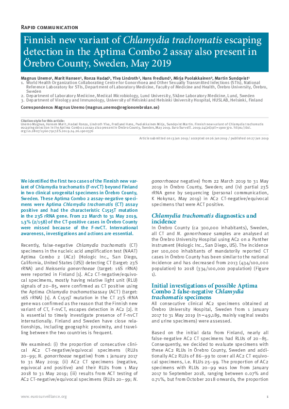 (PDF) Finnish new variant of Chlamydia trachomatis escaping detection ...