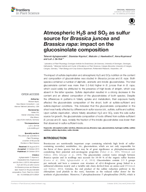 (PDF) Atmospheric H2S and SO2 as sulfur source for Brassica juncea and Brassica rapa: impact on ...