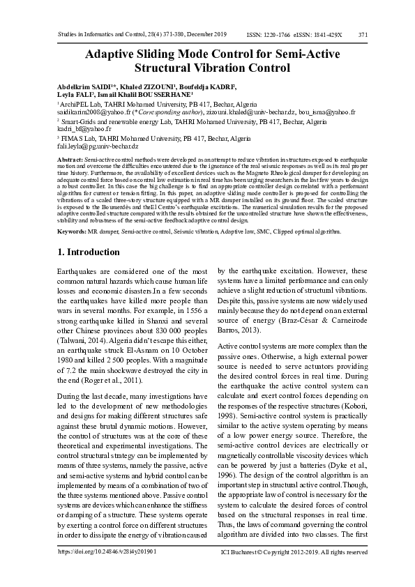 Pdf Adaptive Sliding Mode Control For Semi Active Structural Vibration Control