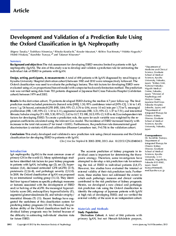 (PDF) Development and Validation of a Prediction Rule Using the Oxford Classification in IgA ...