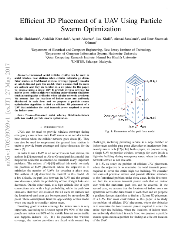 (PDF) Efficient 3D placement of a UAV using particle swarm optimization