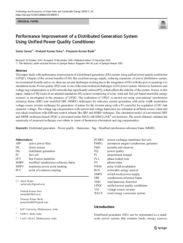 Pdf Performance Improvement Of A Distributed Generation System Using Unified Power Quality