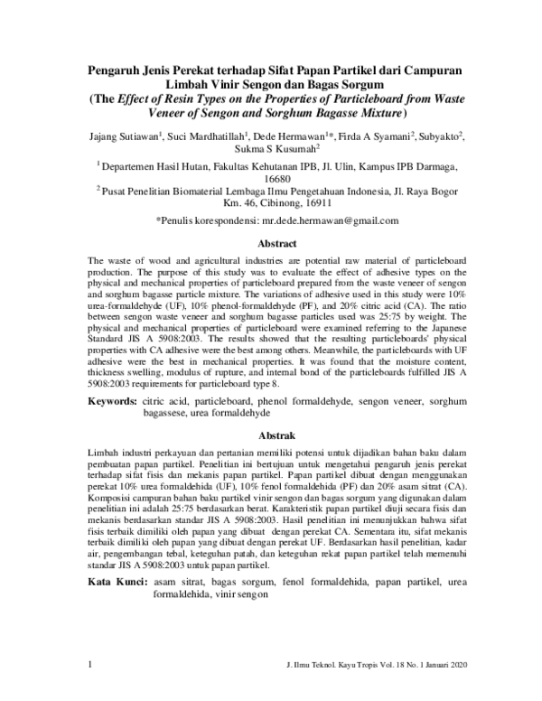 (PDF) Pengaruh Jenis Perekat terhadap Sifat Papan Partikel dari Campuran Limbah Vinir Sengon dan ...