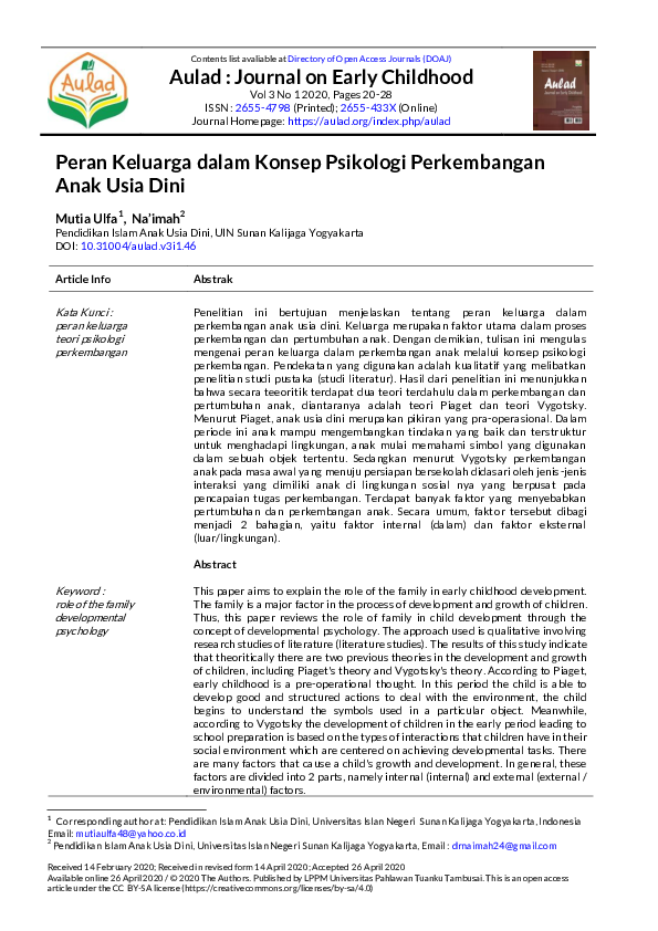 (PDF) Peran Keluarga dalam Konsep Psikologi Perkembangan Anak Usia Dini