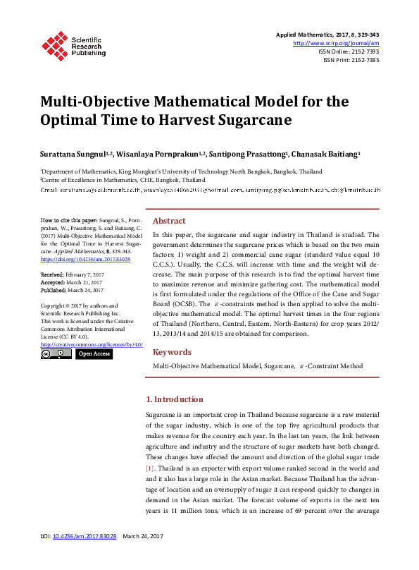(PDF) Multi-Objective Mathematical Model for the Optimal Time to Harvest Sugarcane