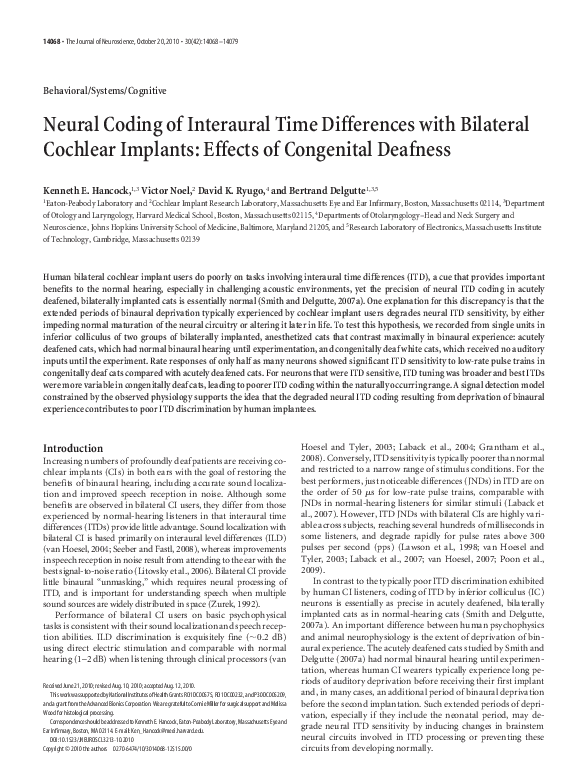 (PDF) Neural coding of ITD with bilateral cochlear implants: Effects of auditory experience