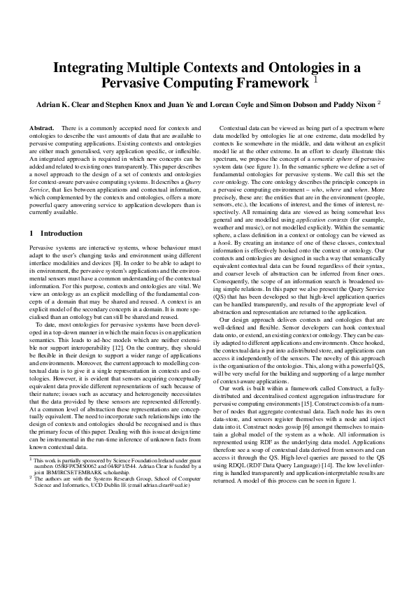 (PDF) Integrating Multiple Contexts and Ontologies in a Pervasive Computing Framework