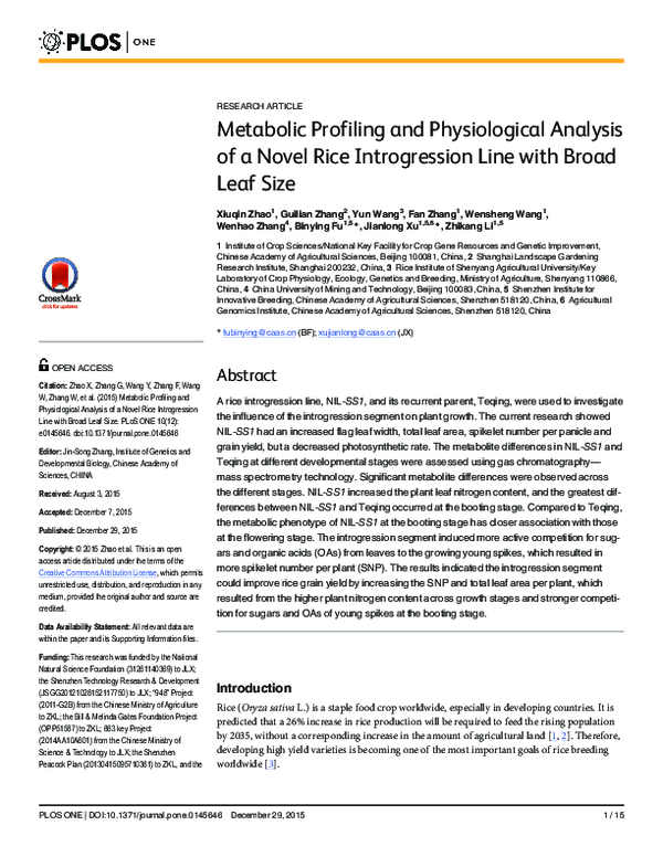 (PDF) Metabolic Profiling and Physiological Analysis of a Novel Rice ...