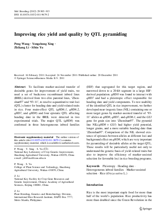 (PDF) Improving rice yield and quality by QTL pyramiding