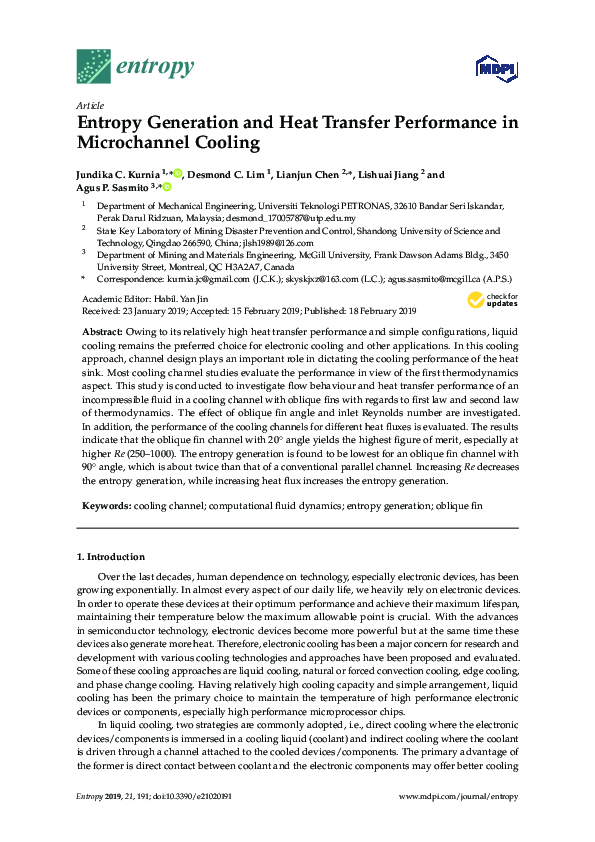 (PDF) Entropy Generation and Heat Transfer Performance in Microchannel ...