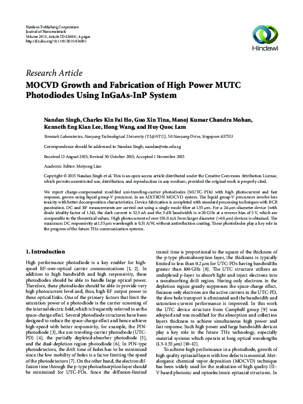 (PDF) MOCVD Growth and Fabrication of High Power MUTC Photodiodes Using ...