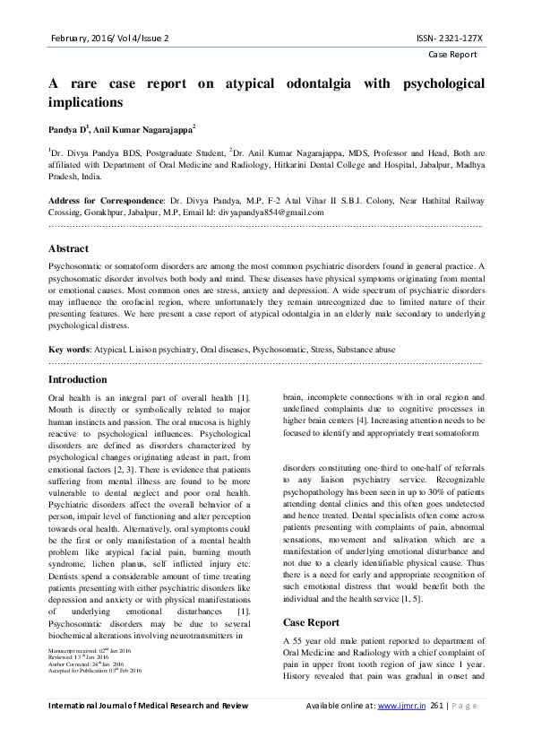 (PDF) A rare case report on atypical odontalgia with psychological ...