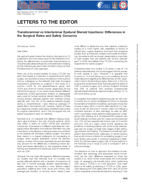 (PDF) Transforaminal vs interlaminar epidural steroid injections ...