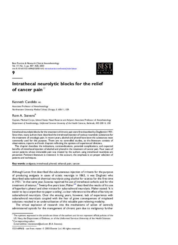 (PDF) Intrathecal neurolytic blocks for the relief of cancer pain☆