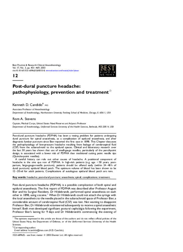 (PDF) Post-dural puncture headache: pathophysiology, prevention and ...