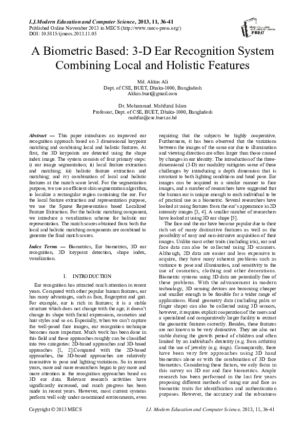 (PDF) A Biometric Based: 3-D Ear Recognition System Combining Local and Holistic Features