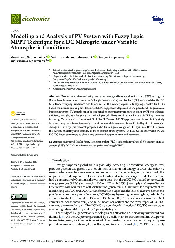Pdf Modeling And Analysis Of Pv System With Fuzzy Logic Mppt Technique For A Dc Microgrid