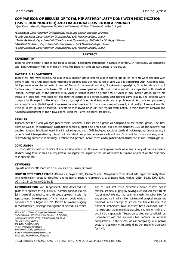 (PDF) Comparison of Results of Total Hip Arthroplasty Done with Mini ...