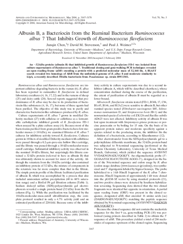 (PDF) Albusin B, a Bacteriocin from the Ruminal Bacterium Ruminococcus ...