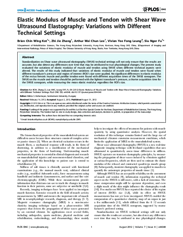 (PDF) Elastic Modulus of Muscle and Tendon with Shear Wave Ultrasound ...