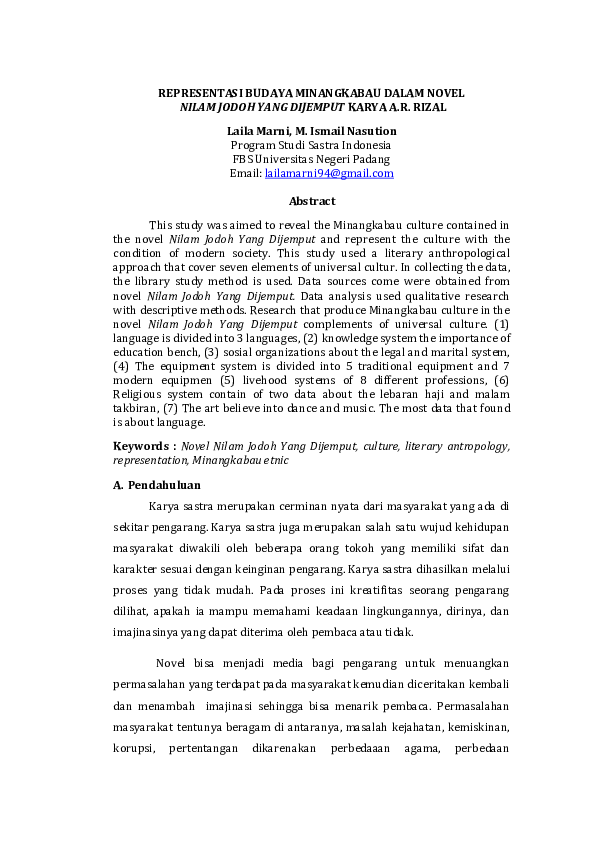 (PDF) Representasi Budaya Minangkabau Dalam Novel Nilam Jodoh Yang Dijemput Karya A.R. Rizal