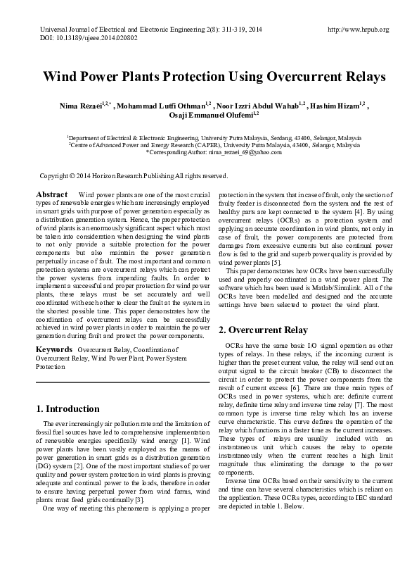 (PDF) Wind Power Plants Protection Using Overcurrent Relays