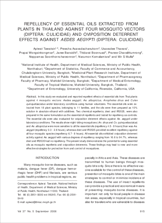 (PDF) Repellency of essential oils extracted from plants in Thailand against four mosquito ...