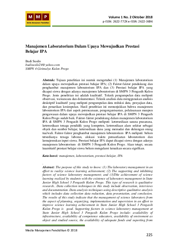 (PDF) Manajemen Laboratorium Dalam Upaya Mewujudkan Prestasi Belajar IPA