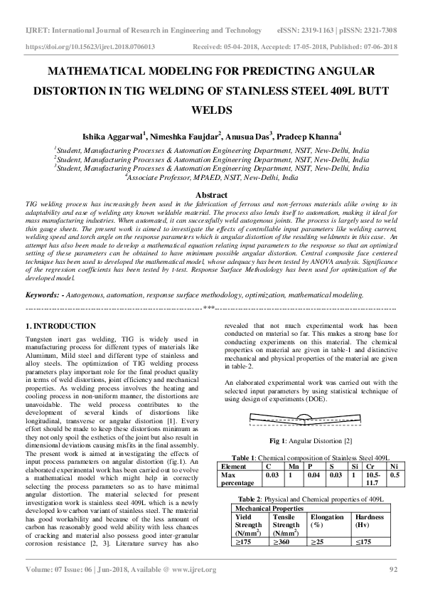 (PDF) Mathematical Modeling for Predicting Angular Distortion in Tig Welding of Stainless Steel ...