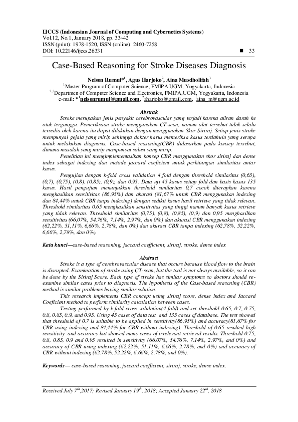 (PDF) Case-Based Reasoning for Stroke Disease Diagnosis