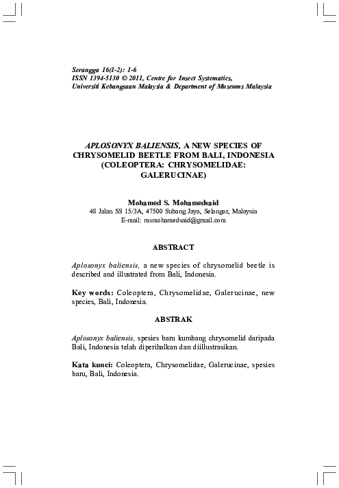 (PDF) Aplosonyx baliensis, a new species of chrysomelid beetle from ...