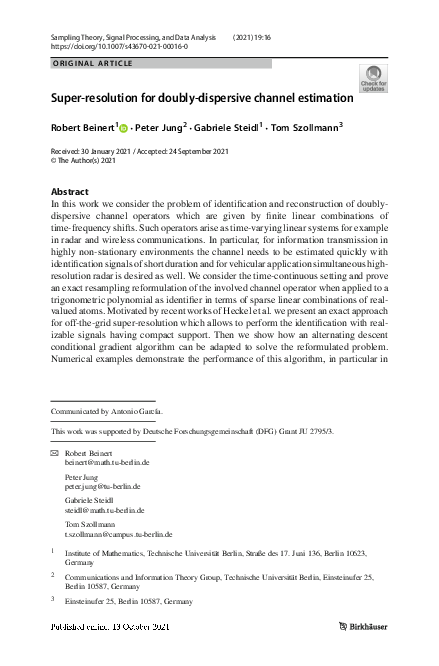 (PDF) Super-resolution for doubly-dispersive channel estimation