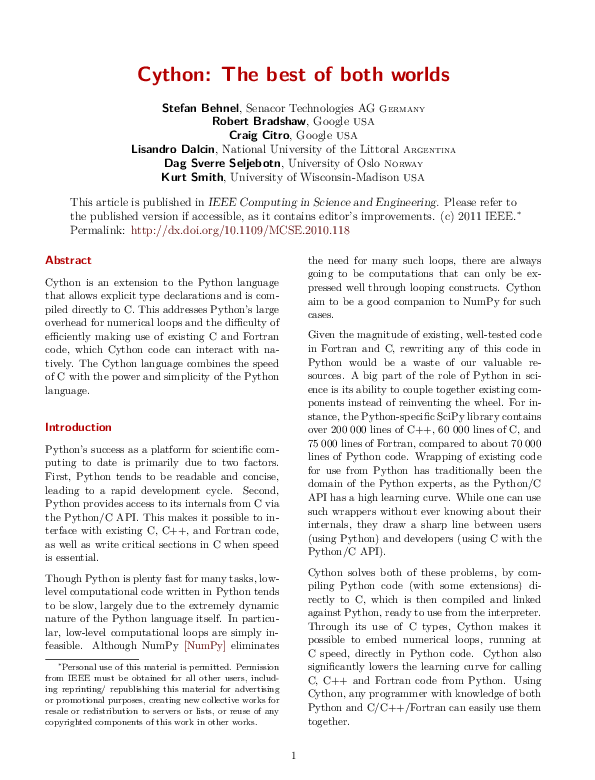 (PDF) Cython: The Best of Both Worlds